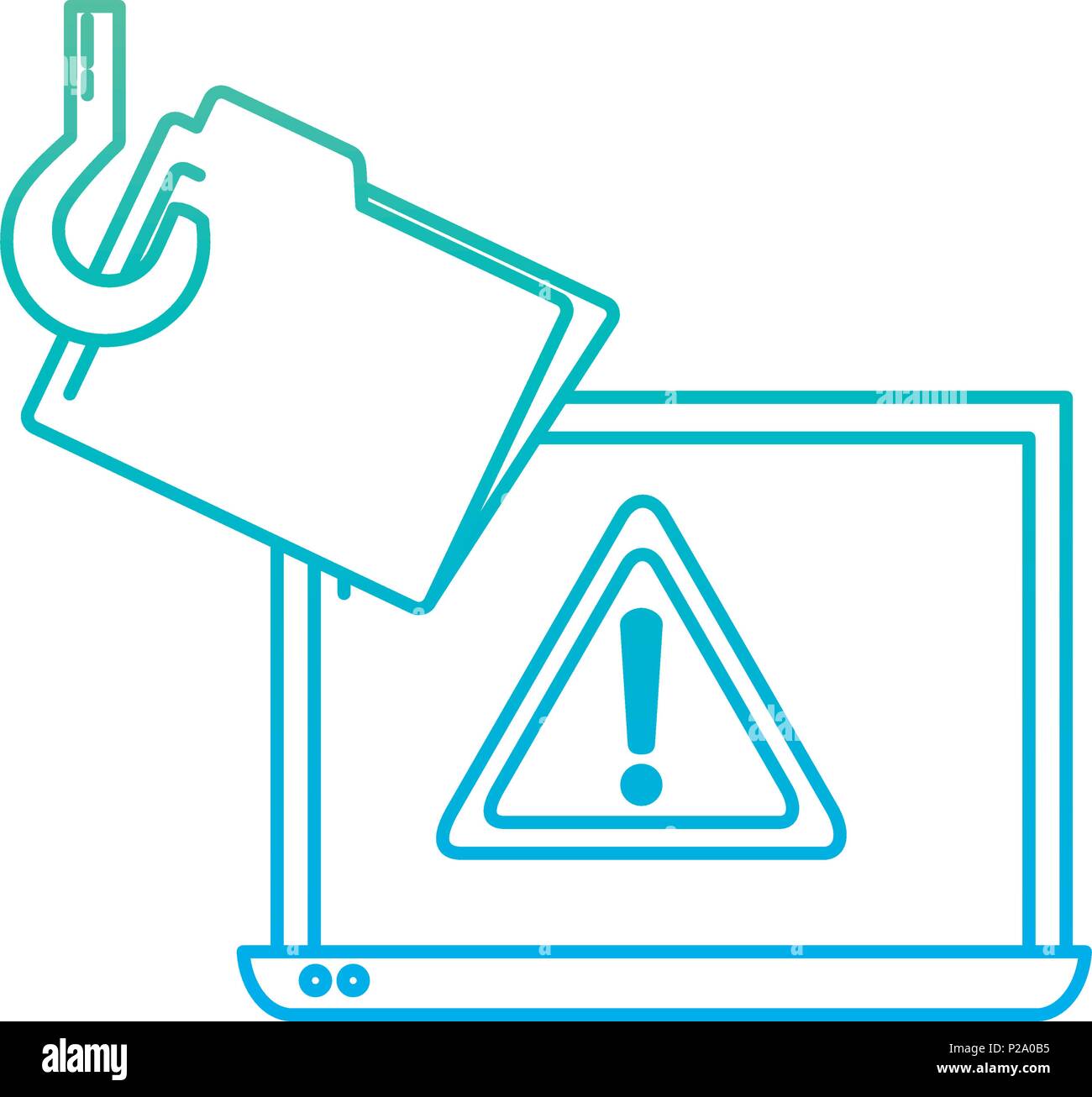 degraded line laptop technology with caution sign and folder hook Stock ...