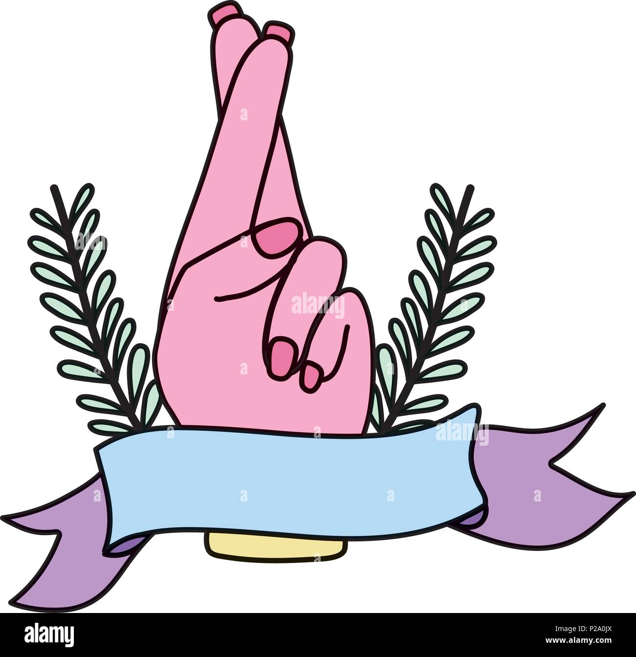 color good luck hand gesture with leaves and ribbon Stock Vector Image ...