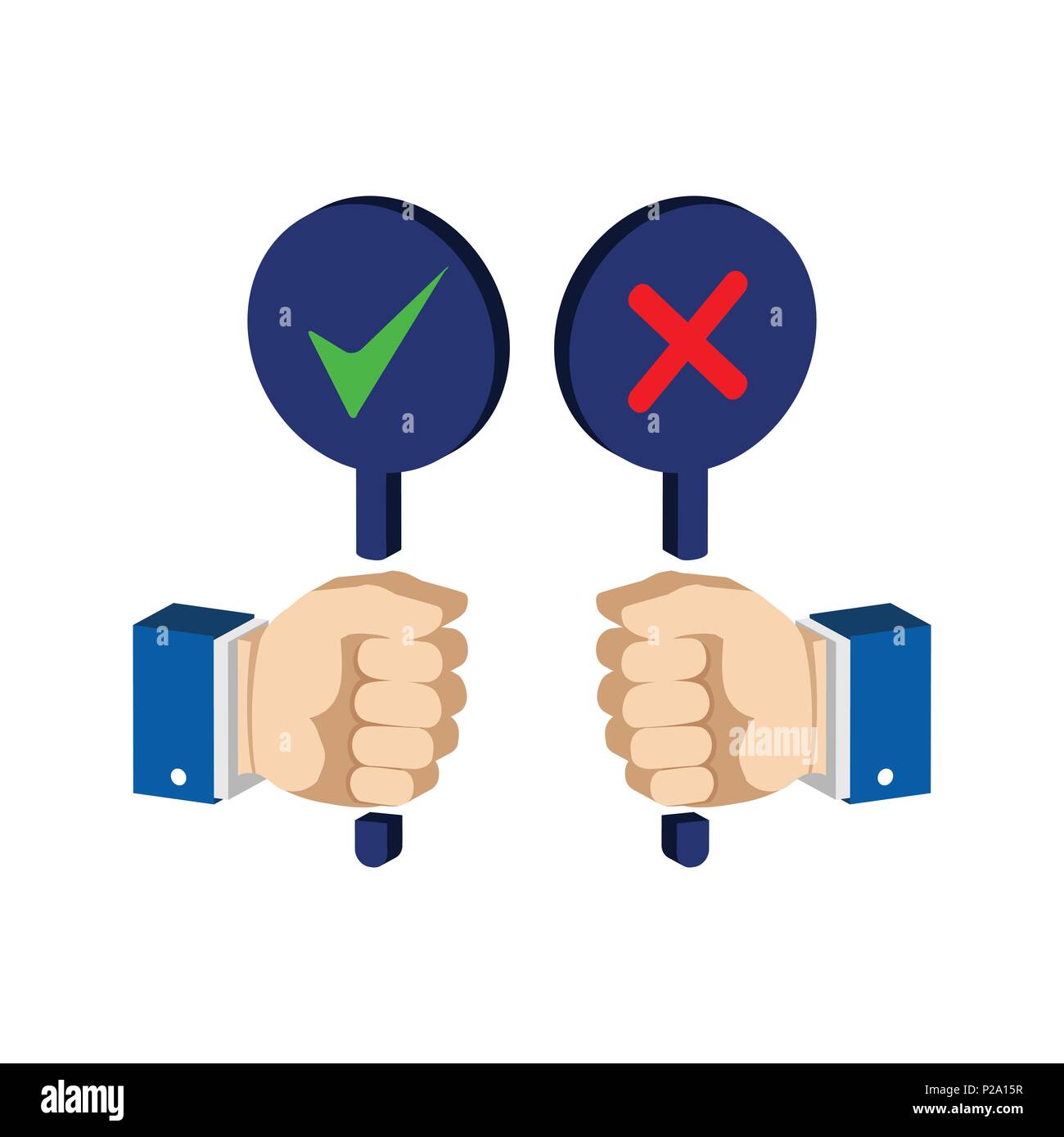 Hands with false and true signs. Flat Isometric Icon or Logo. 3D Style ...