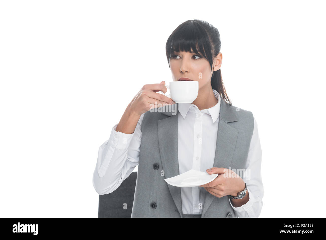 businesswoman drinking tea in office isolated on white Stock Photo - Alamy