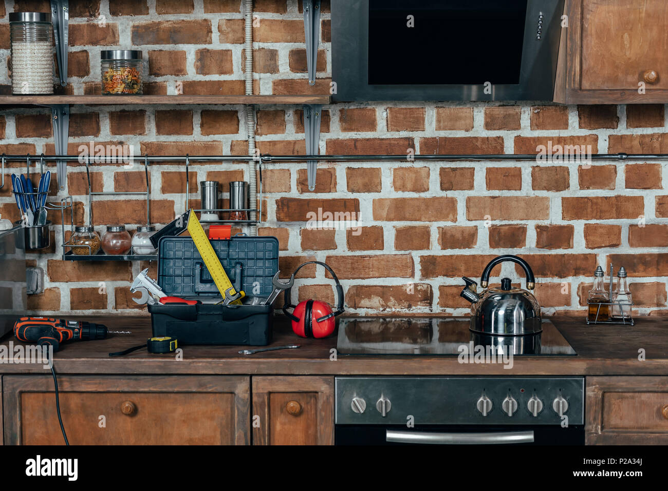 toolbox with various tools and kitchen appliances Stock Photo - Alamy
