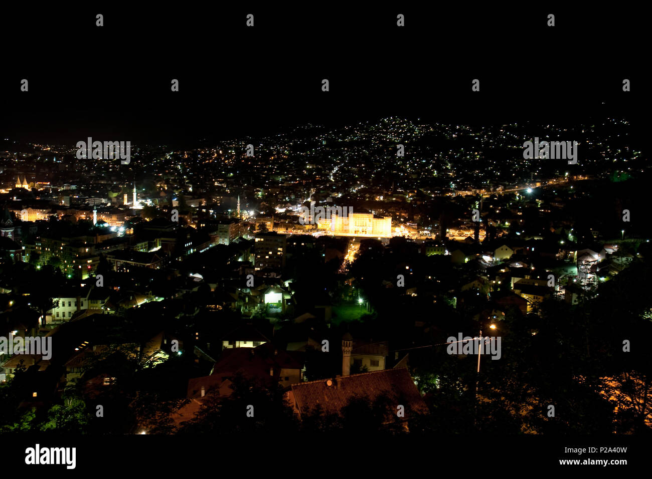 sarajevo city night scene with lights and motion trial, panorama view ...