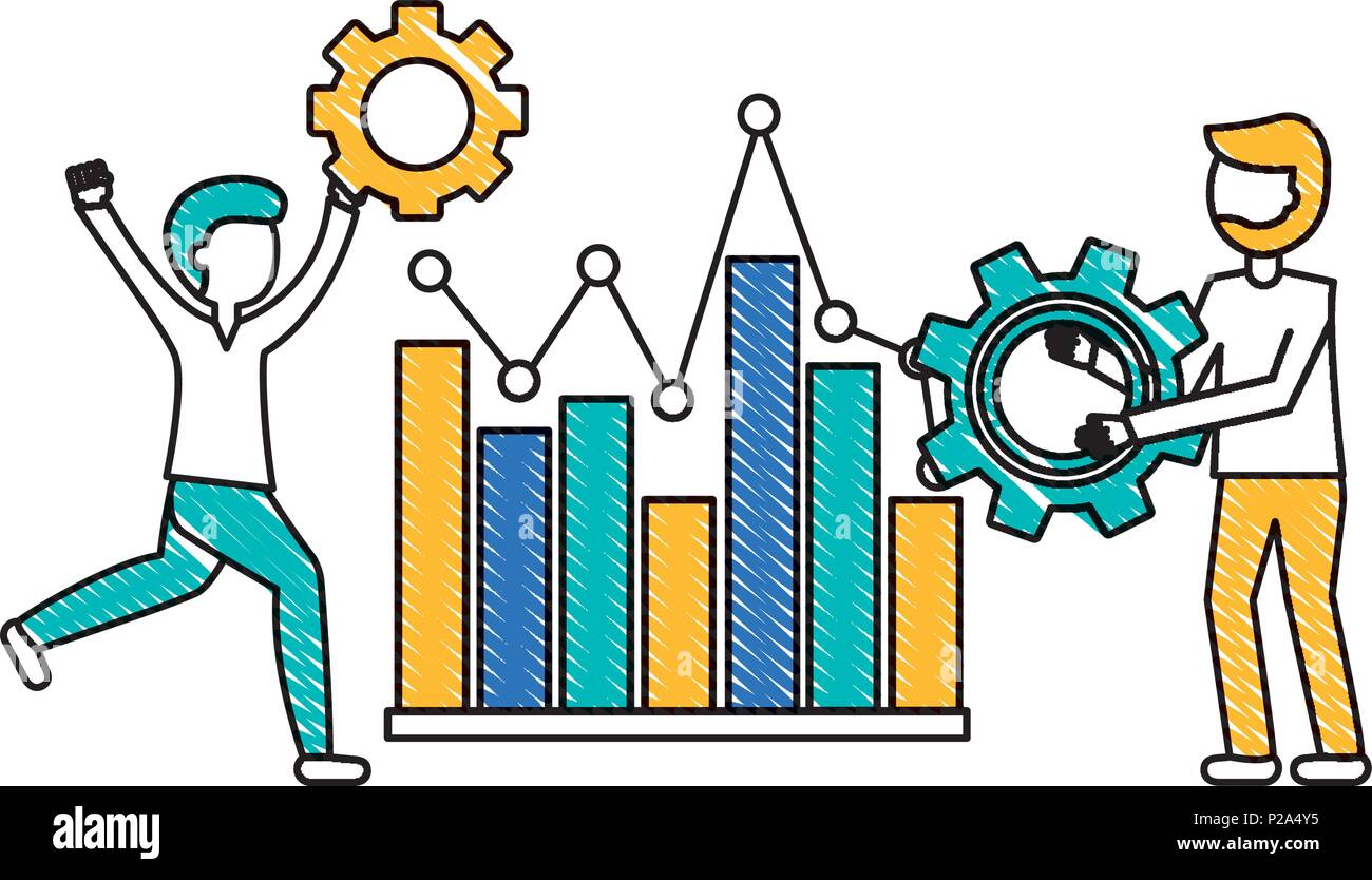 young men with statistical graphics and gears vector illustration ...