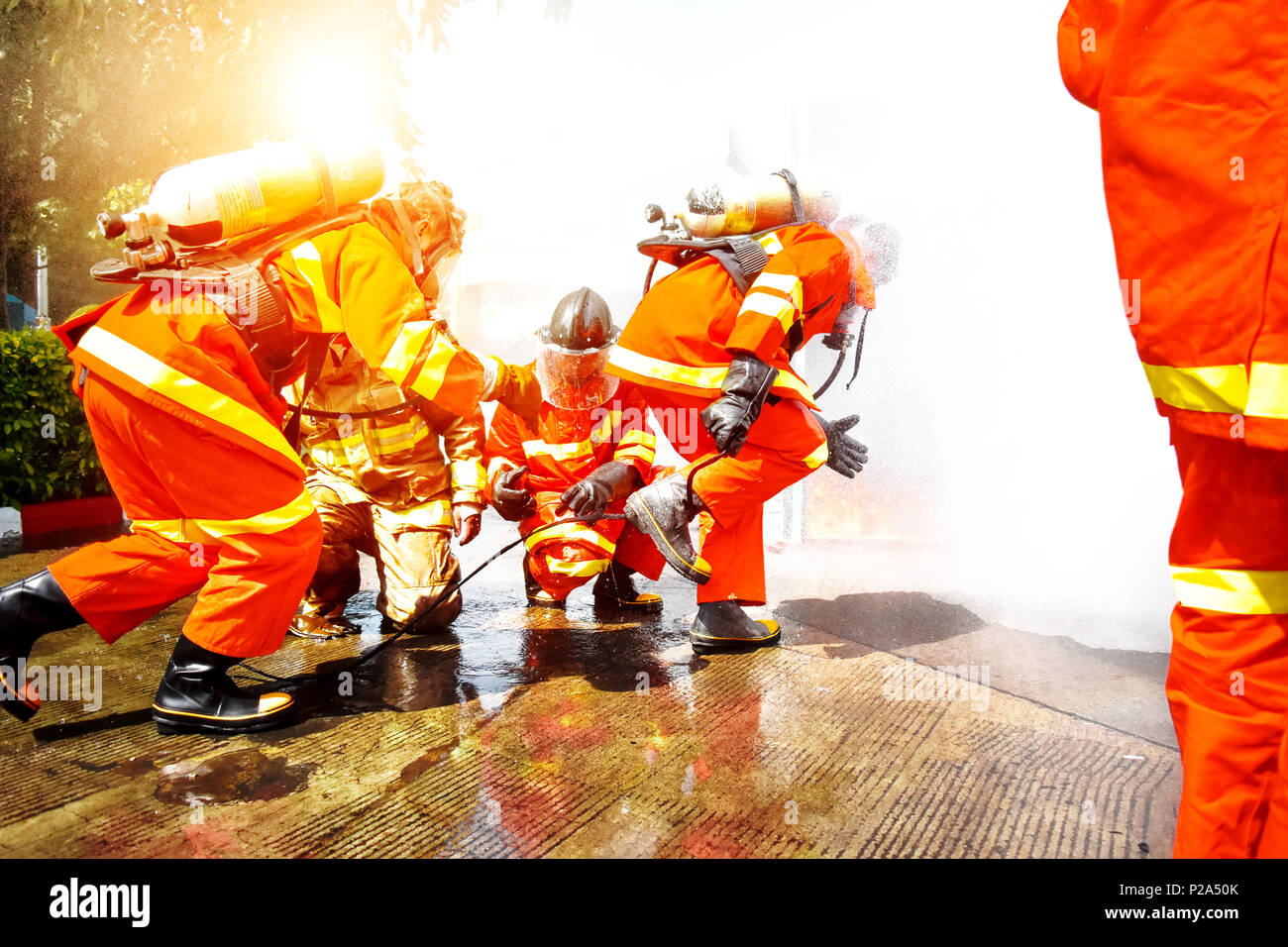 Firefighters are training firefighting methods for industrial workers ...