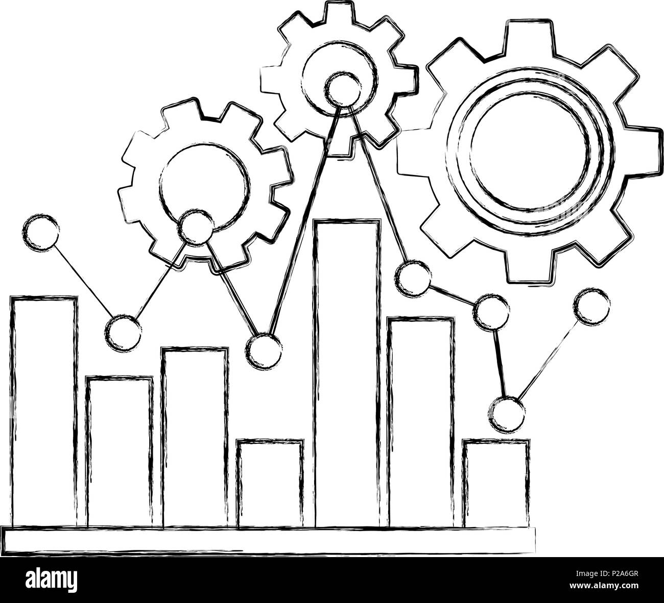 statistic bar graph pointed line and gears teamwork vector illustration ...