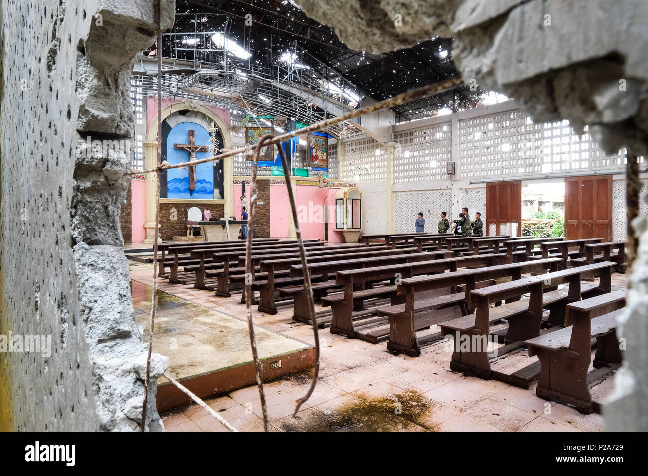 Ruined catholic cathedral of the devastated downtown (Ground Zero) of ...