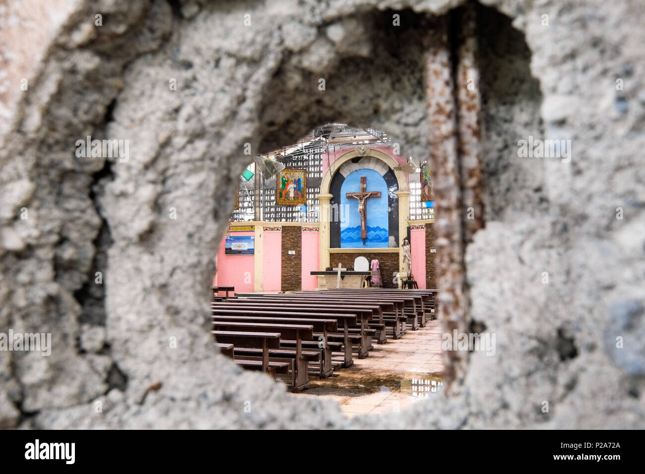 Ruined catholic cathedral of the devastated downtown (Ground Zero) of ...