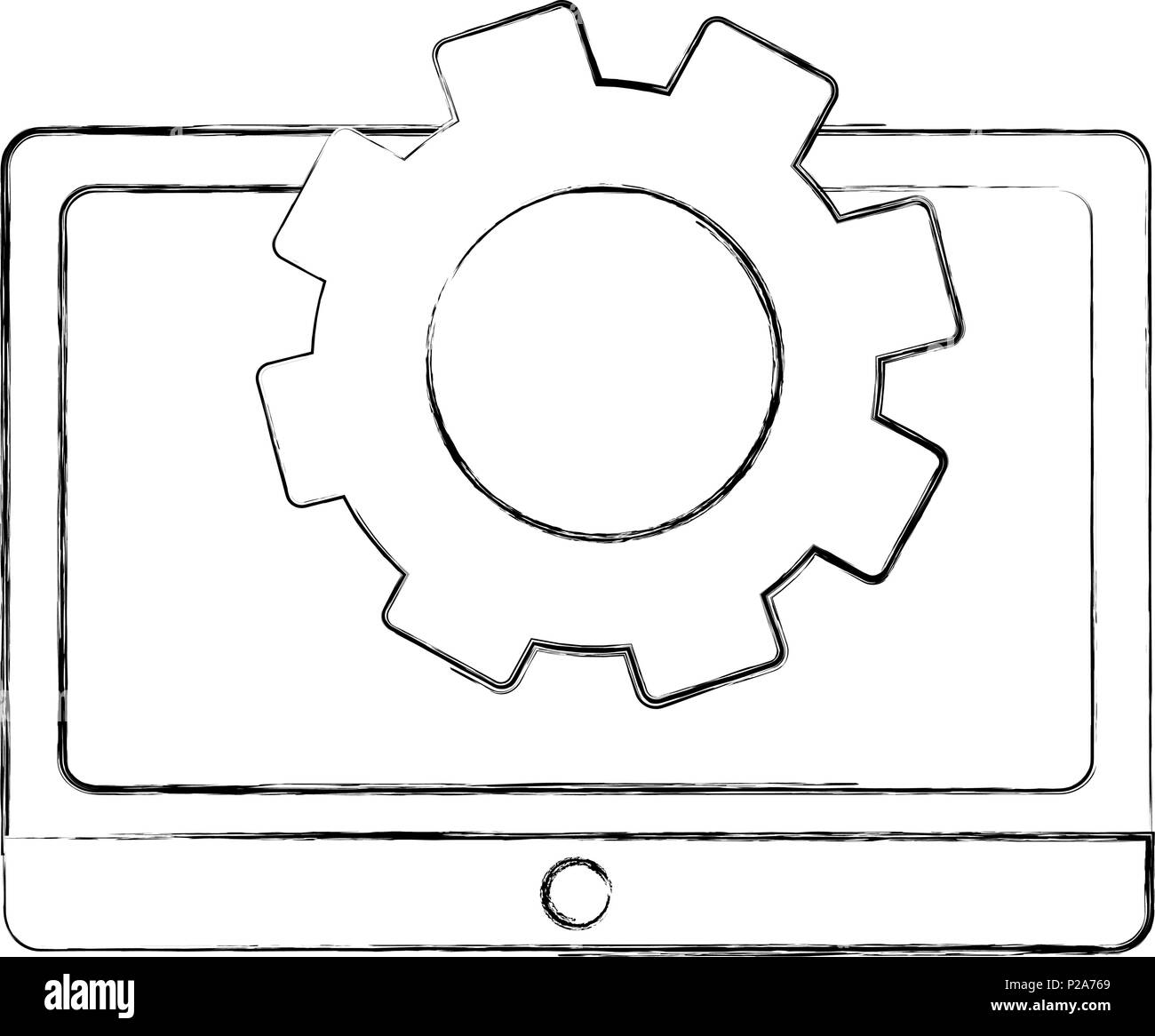 tablet computer and gear teamwork vector illustration sketch Stock ...