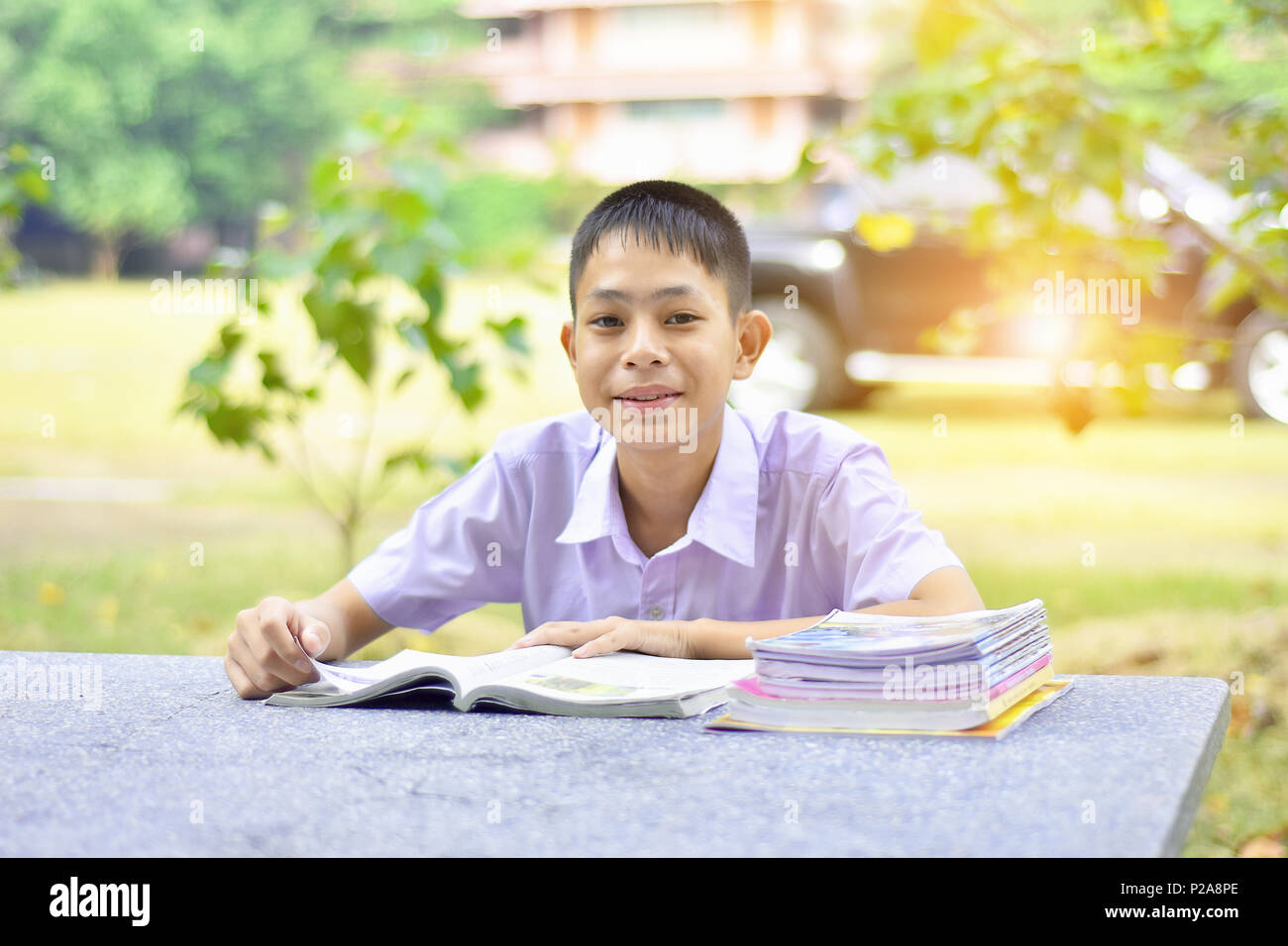 Education,Studying, Asian boys read books on the table in the morning ...