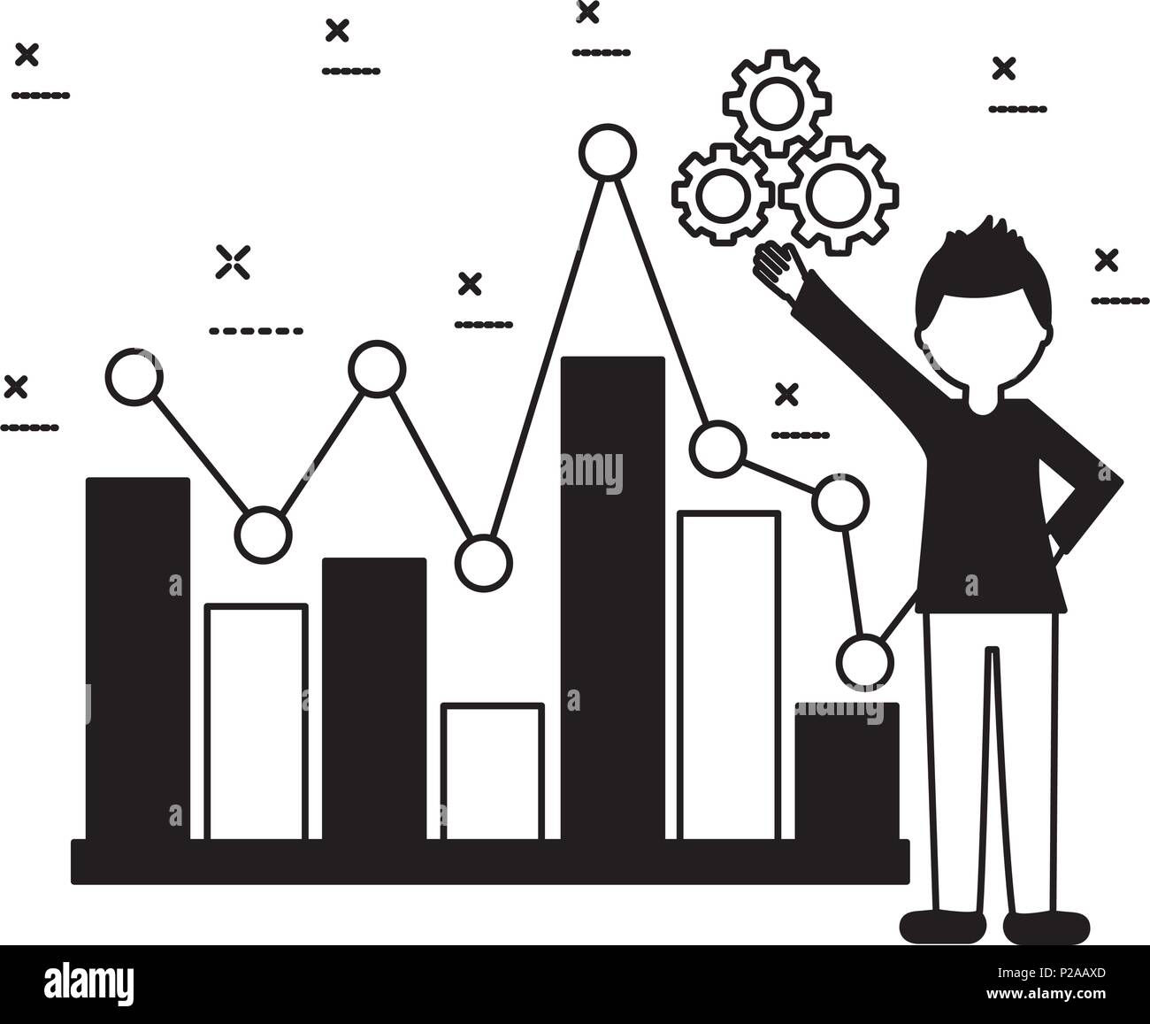 young man with statistical graphics and gears isolated icon vector ...