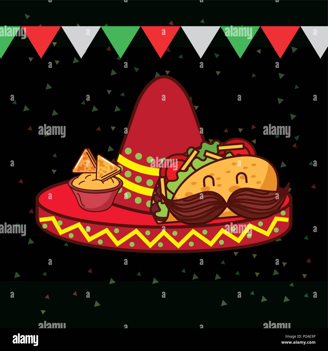 cartoon taco with mustache hat and nachos mexican food vector ...