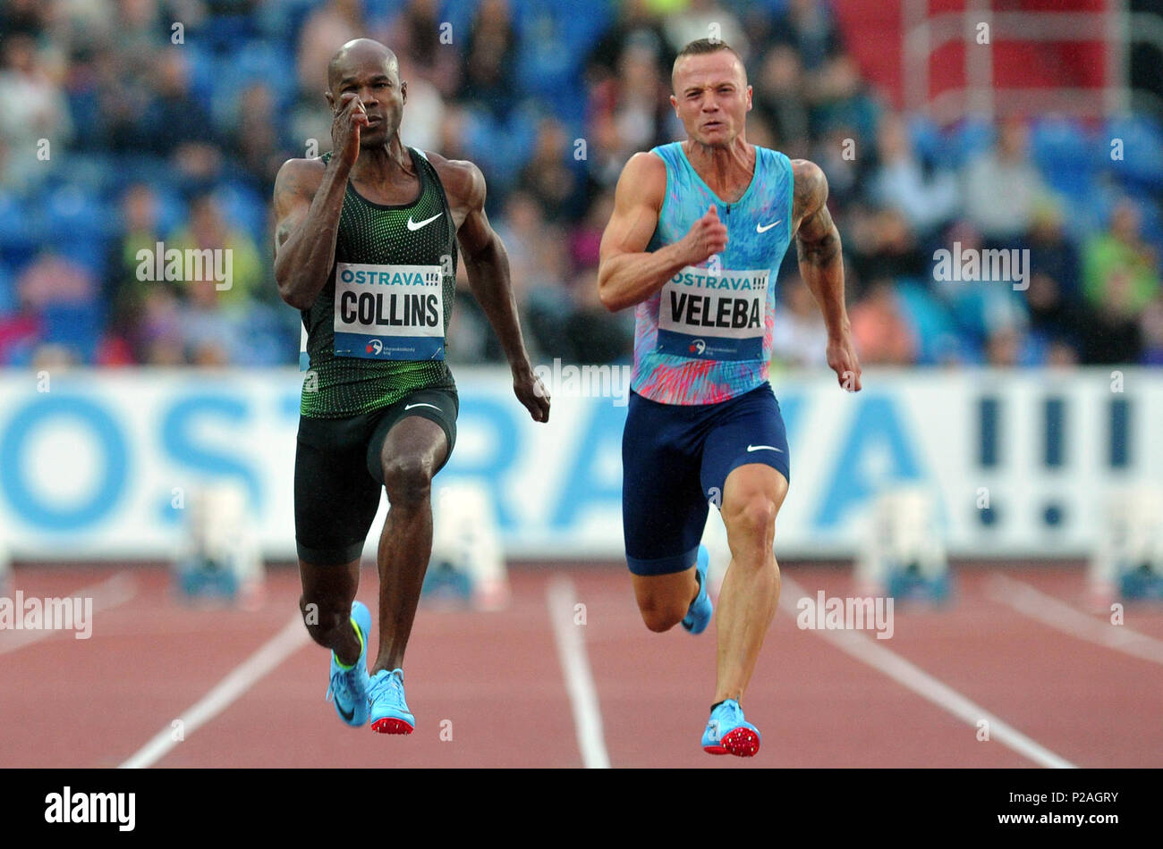 Ostrava, Czech Republic. 13th June, 2018. Kim Collins (L) competes in ...