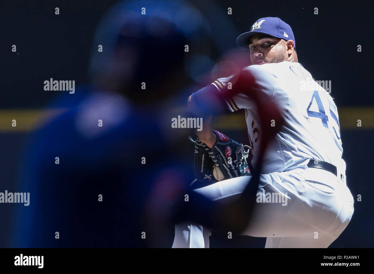 Milwaukee, WI, USA. 13th June, 2018. Milwaukee Brewers starting pitcher ...