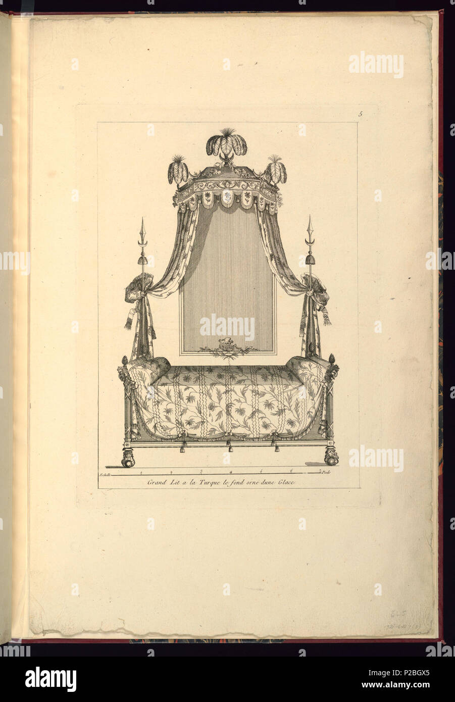 . English: Print (France) . English: Bed design with bed draperies and ...