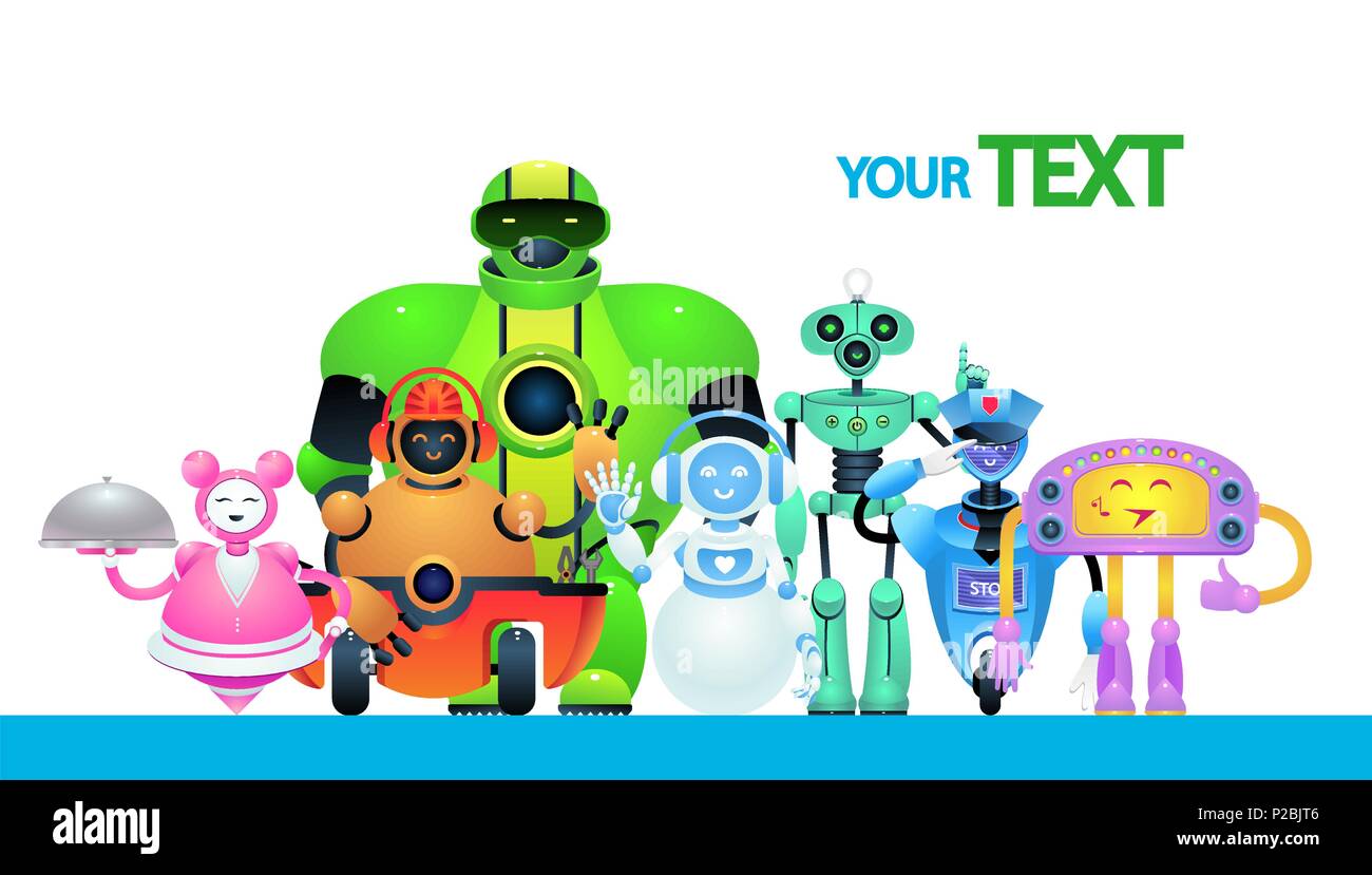 group of toy bots. Funny mechanical robots. Vector illustration Stock ...