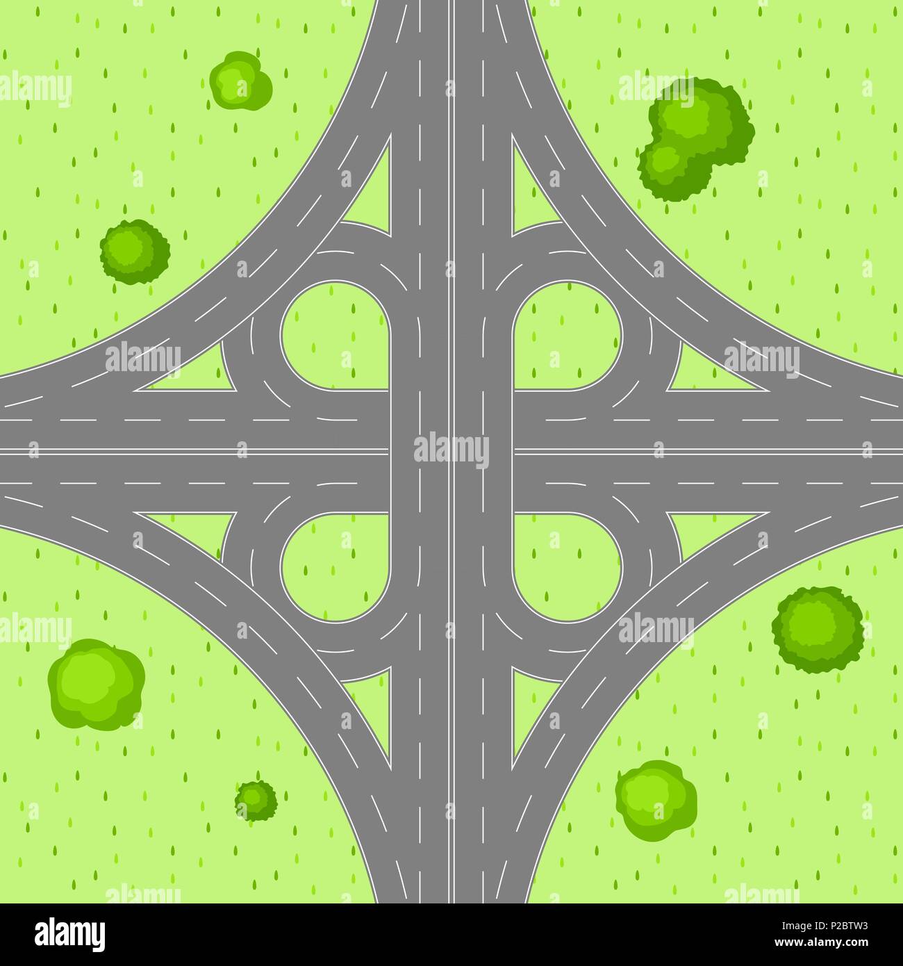 Top view of road junction. Scene with highway and trees in countryside ...