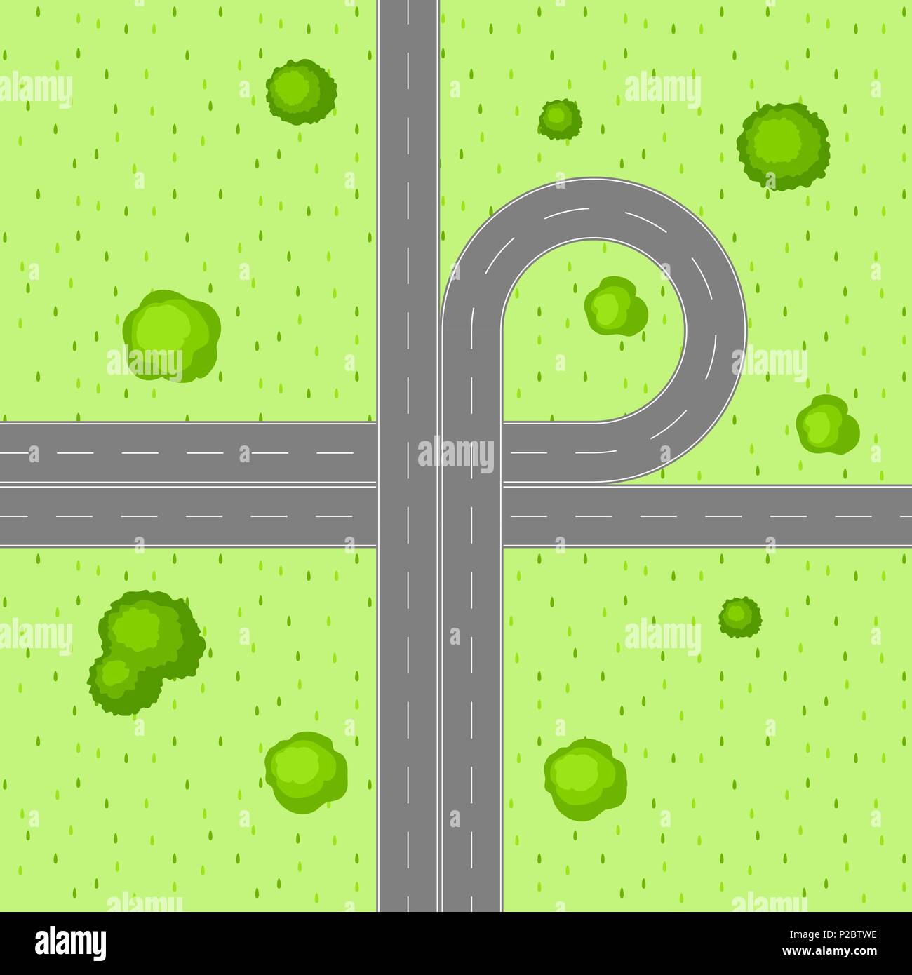 Top view of road junction. Scene with highway and trees in countryside ...