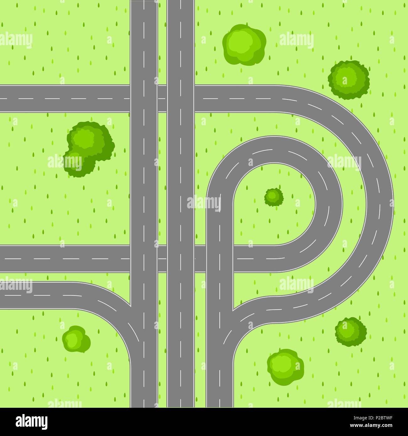 Top view of road junction. Scene with highway and trees in countryside ...