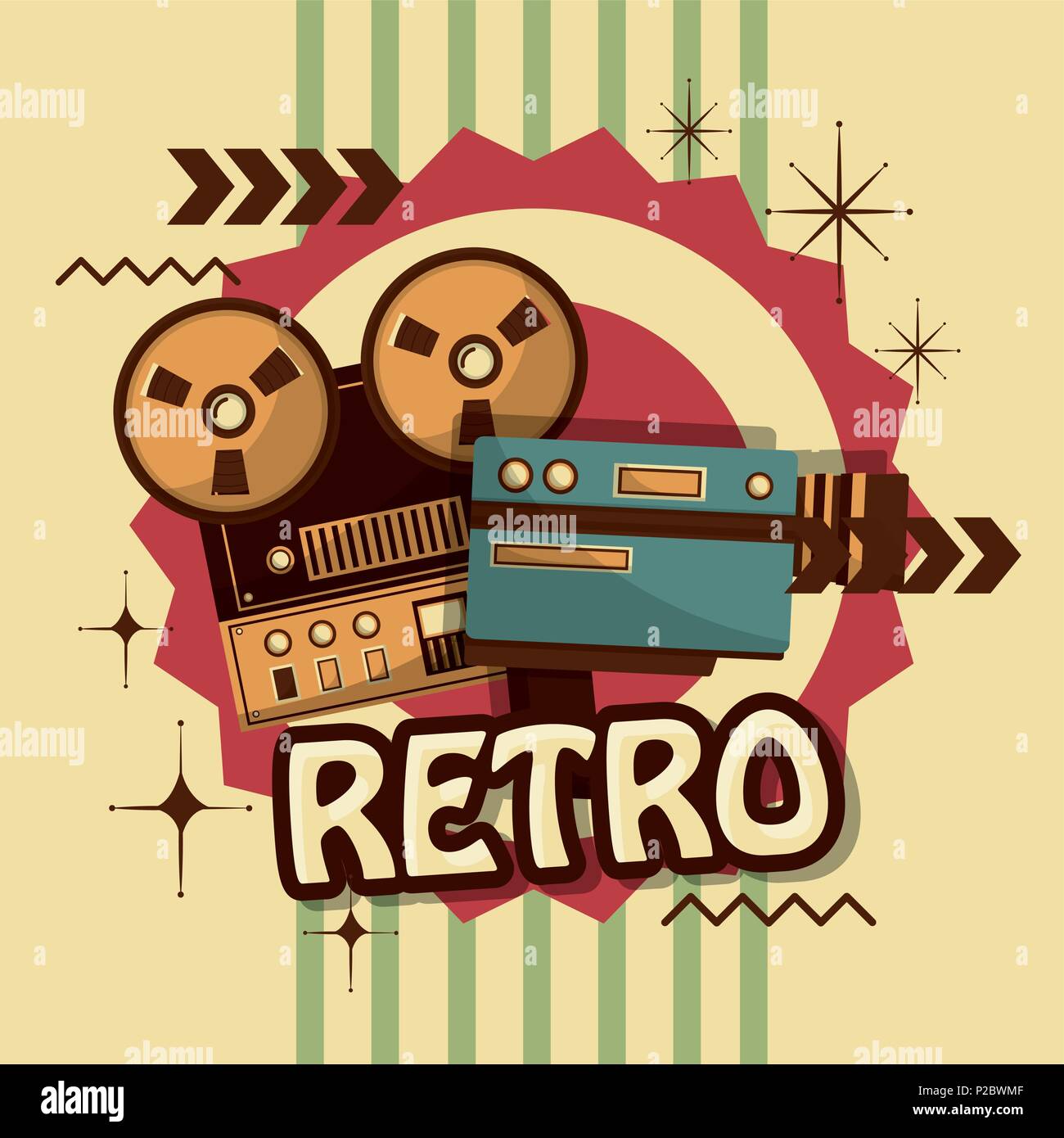 reel to reel recorder and video camera retro vintage emblem vector ...