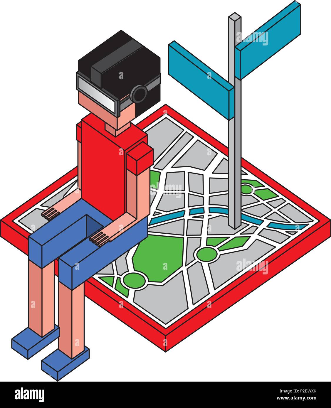 boy using vr goggles sitting on navigation map isometric vector ...