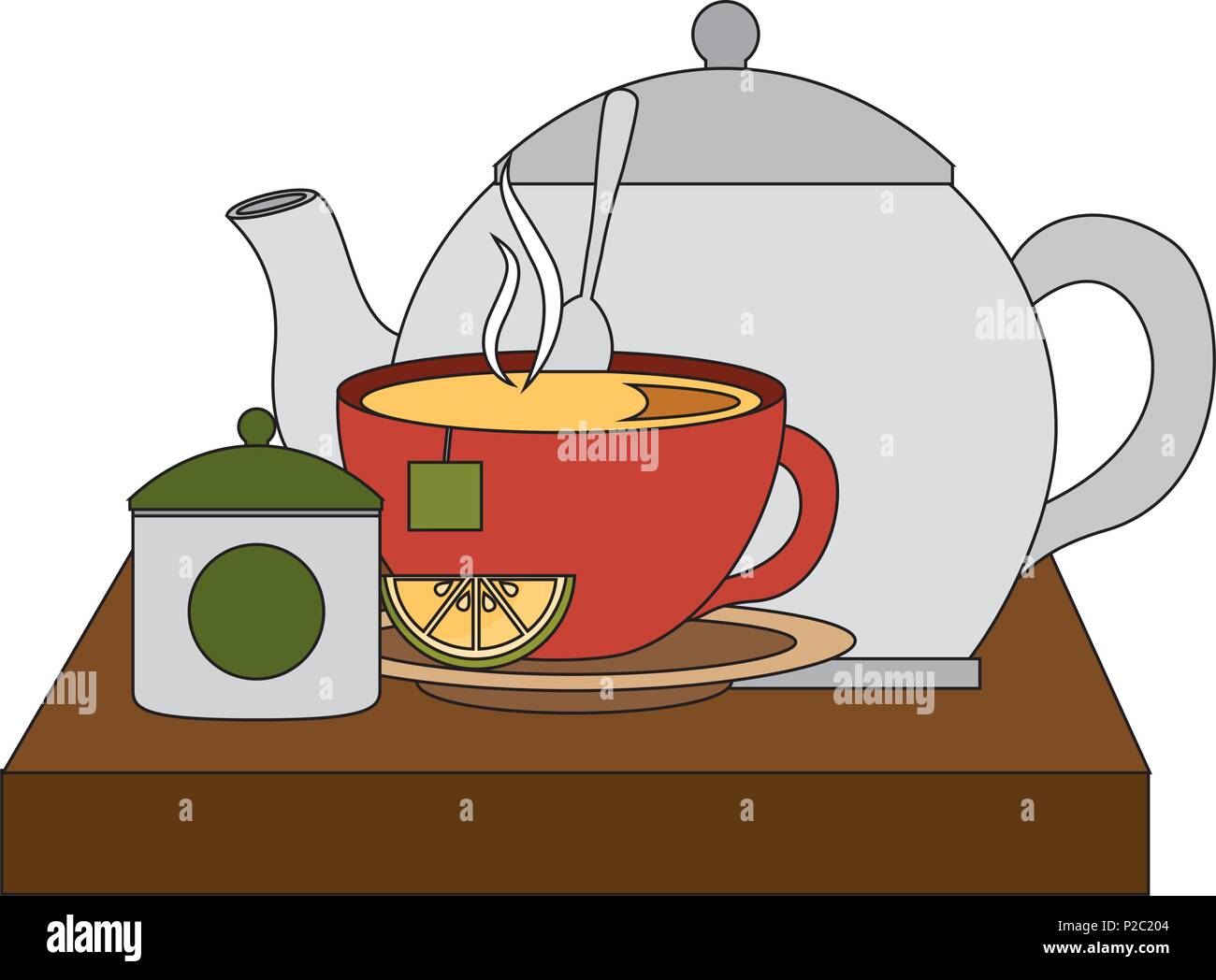 teapot with teacup and slice lemon spoon on wooden tray Stock Vector ...