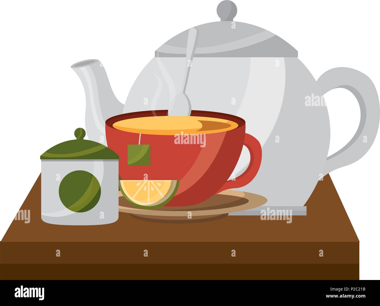 teapot with teacup and slice lemon spoon on wooden tray Stock Vector ...