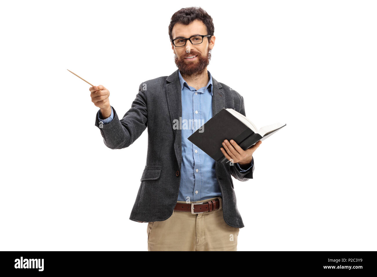 Professor holding a book and pointing with a wooden stick isolated on ...