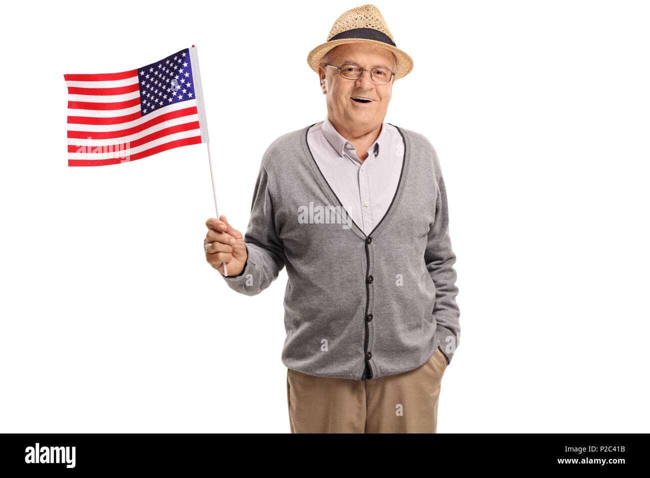 Mature man holding an American flag isolated on white background Stock ...
