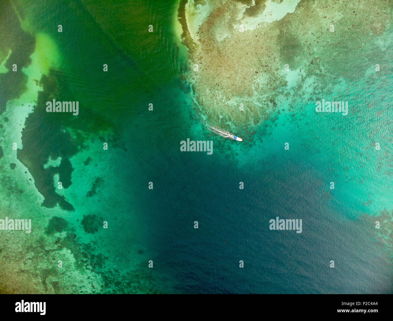 Aerial view of boat over coral reef Stock Photo - Alamy