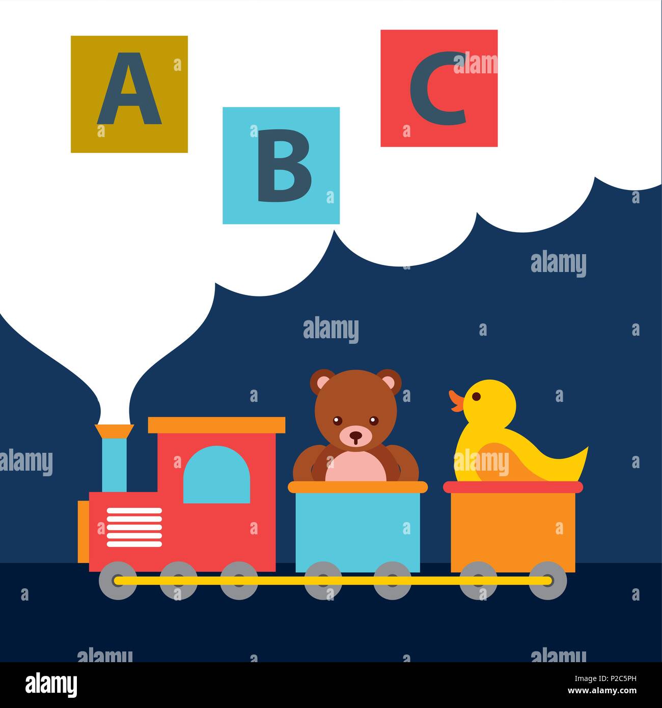 bear teddy and duck in train wagon blocks alphabet toys Stock Vector ...