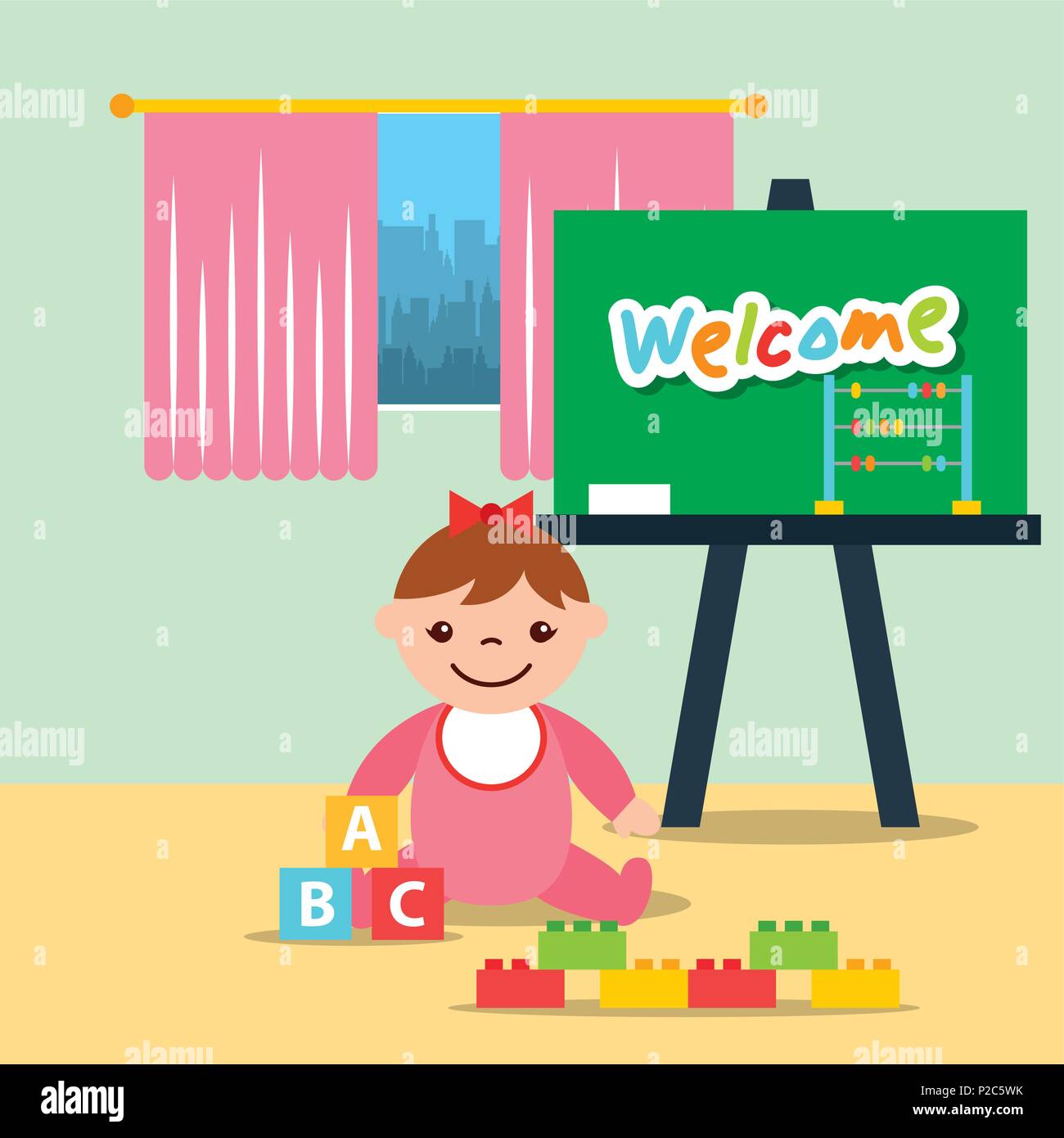 little girl classroom kinder chalkboard and blocks alphabet Stock ...