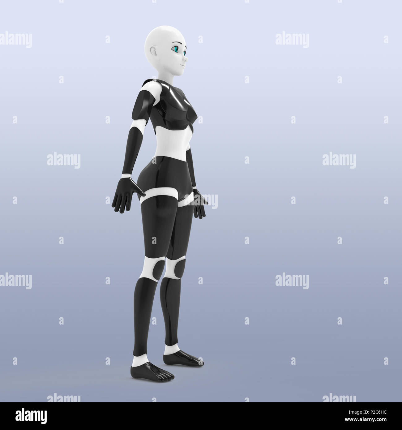 Robotic woman with real face. Futuristic silver robotic woman in front ...