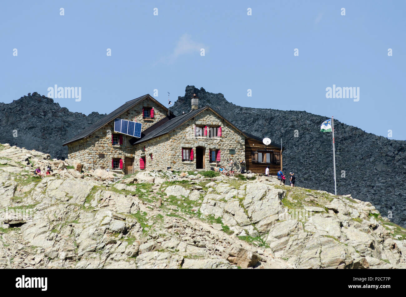 The mountain shelter Cabane des Aiguilles Rouges, Val d'Herens, Pennine ...