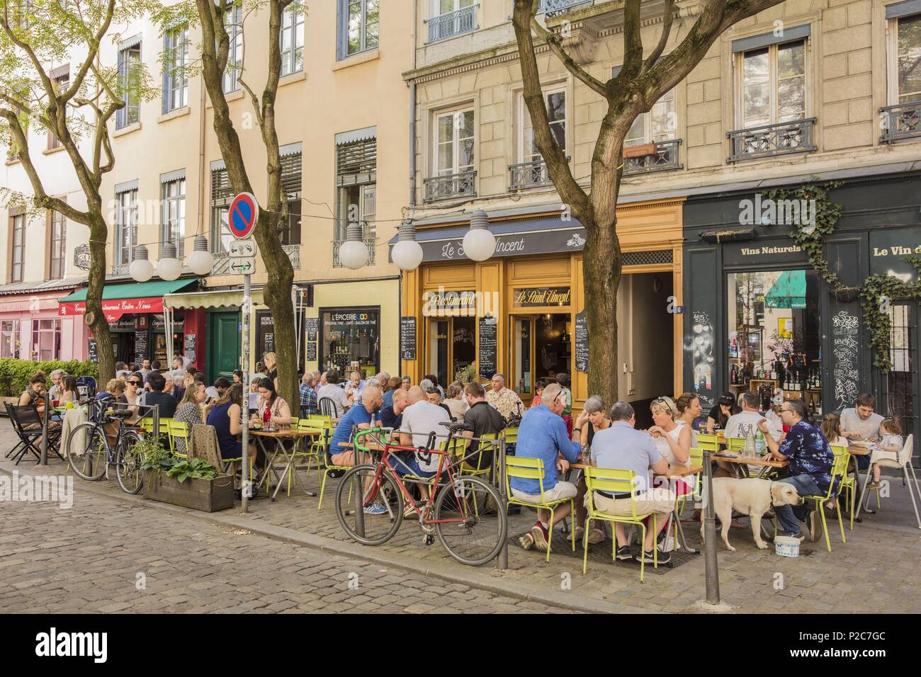 France, Rhone, Lyon, restaurants and bar place Fernand Rey Stock Photo ...