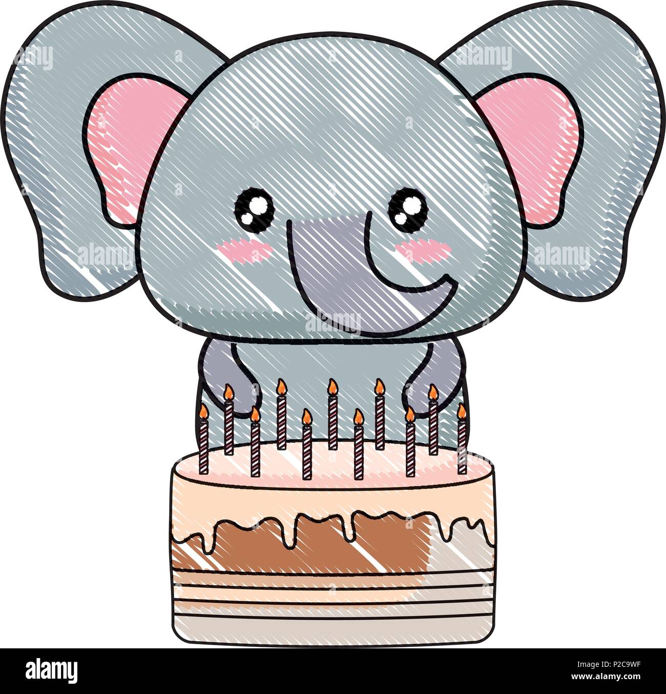 Cute elephant with birthday cake over white background, vector ...
