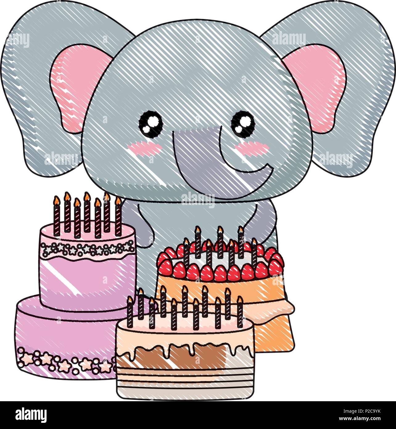 Cute elephant with birthday cakes over white background, vector ...