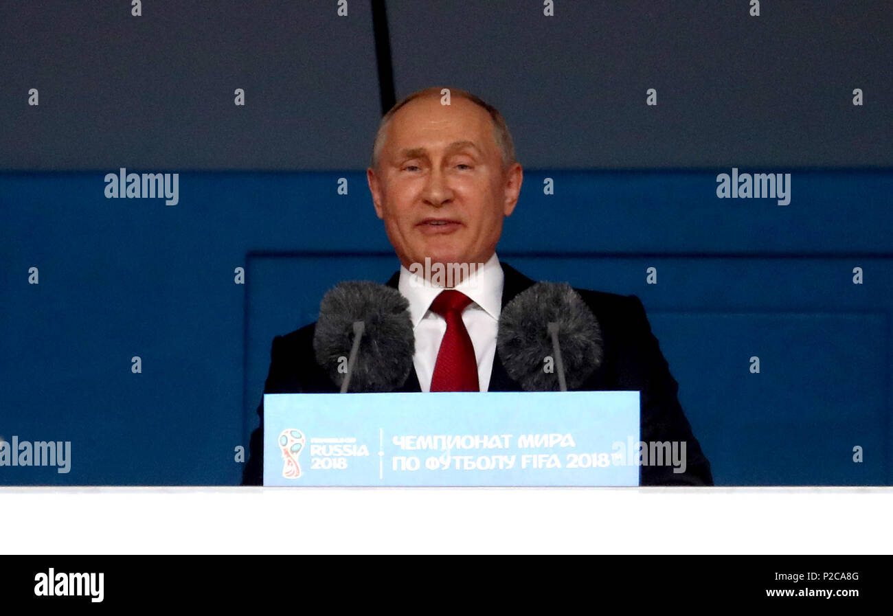 Russia president Vladimir Putin speaks to the crowd before the FIFA ...