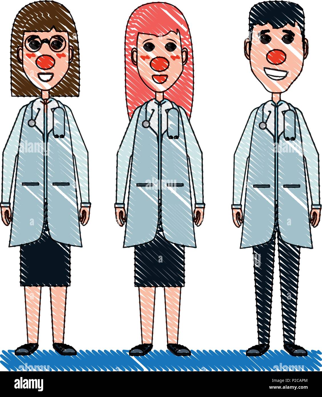 Cartoon happy doctors with red noses over white background, vector ...