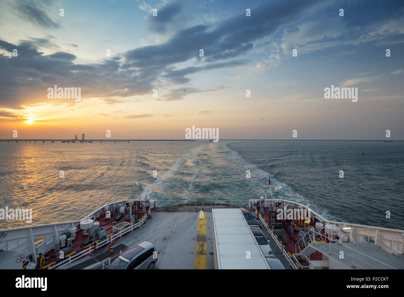 Scenic sunset over the port of Dunkirk seeing from the rear of crossing ...