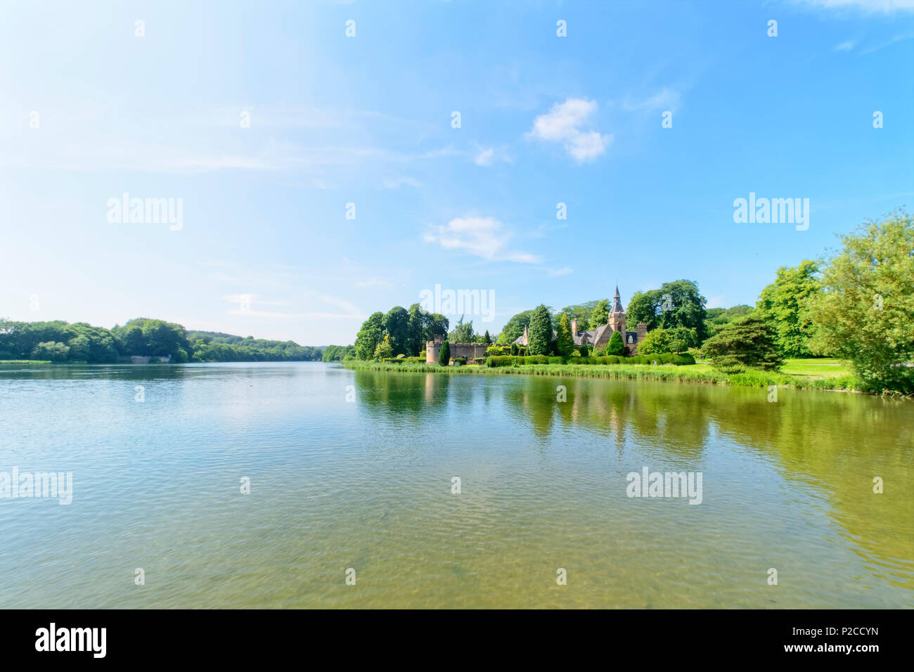 Newstead, England - June 10 2018: Newstead Abbey lake and The Fort. The ...
