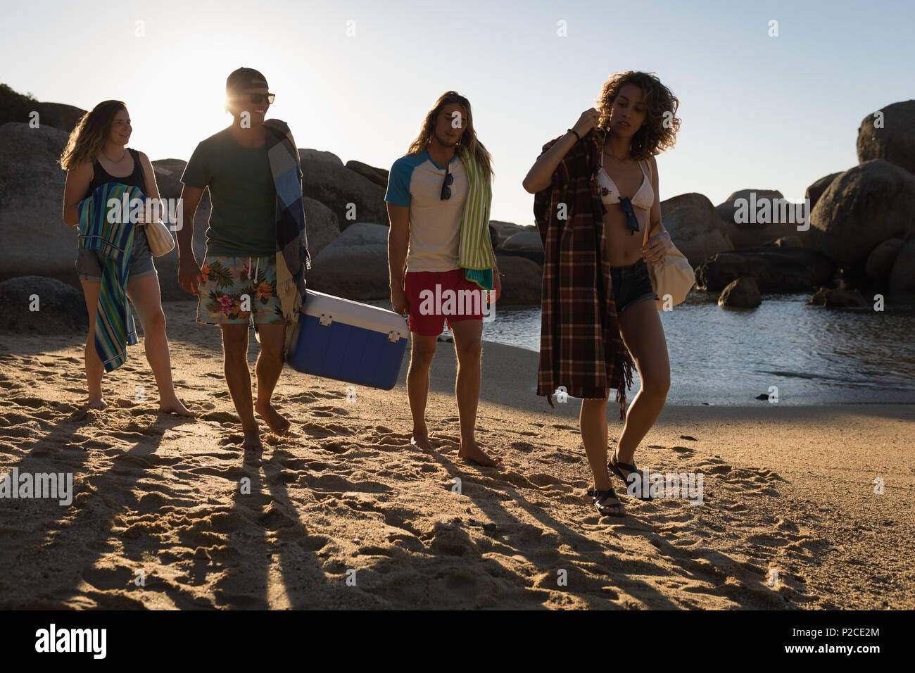 Male friends carrying esky in the beach Stock Photo - Alamy
