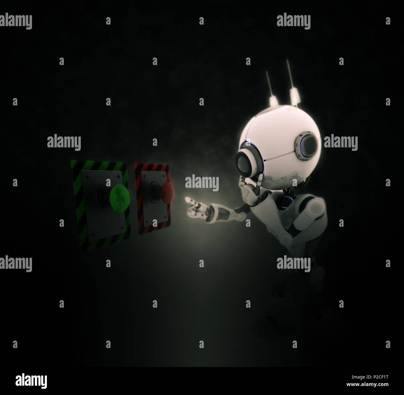3D Render of an Robot choosing which button to push on dramatic ...