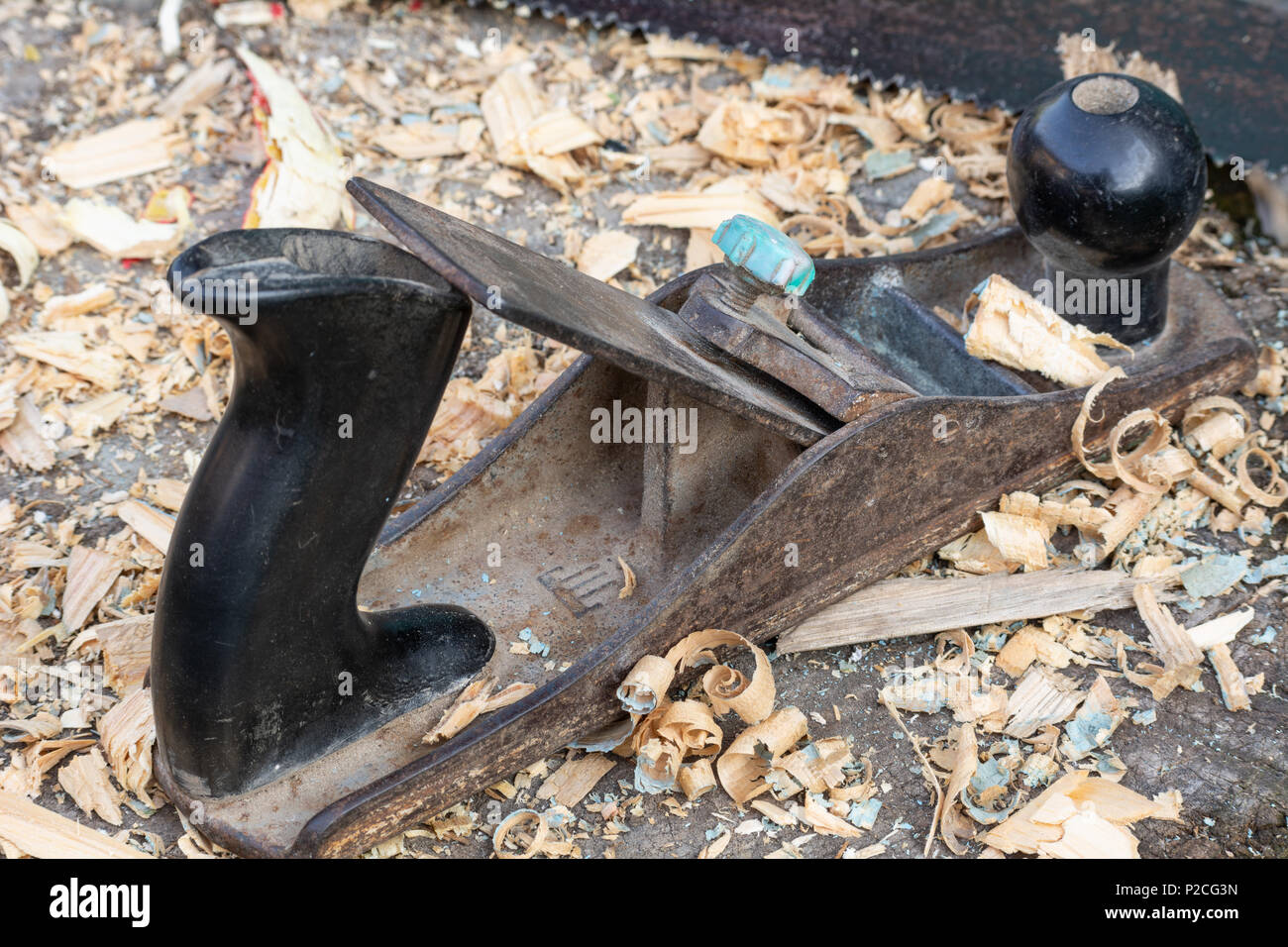 Tools of the carpenter - plane and wood sawdust Stock Photo - Alamy