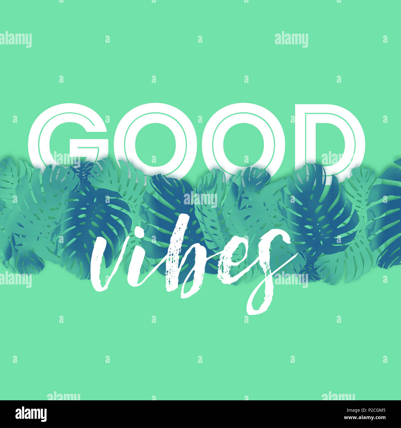 Good vibes tropical palm tree leaf background Stock Photo - Alamy