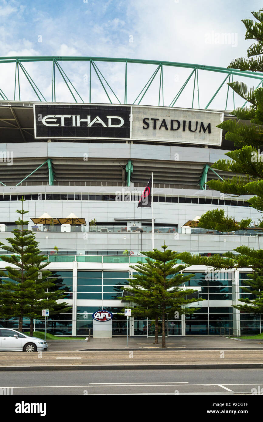 Exterior of Docklands Stadium with signage of current sponsor Etihad ...