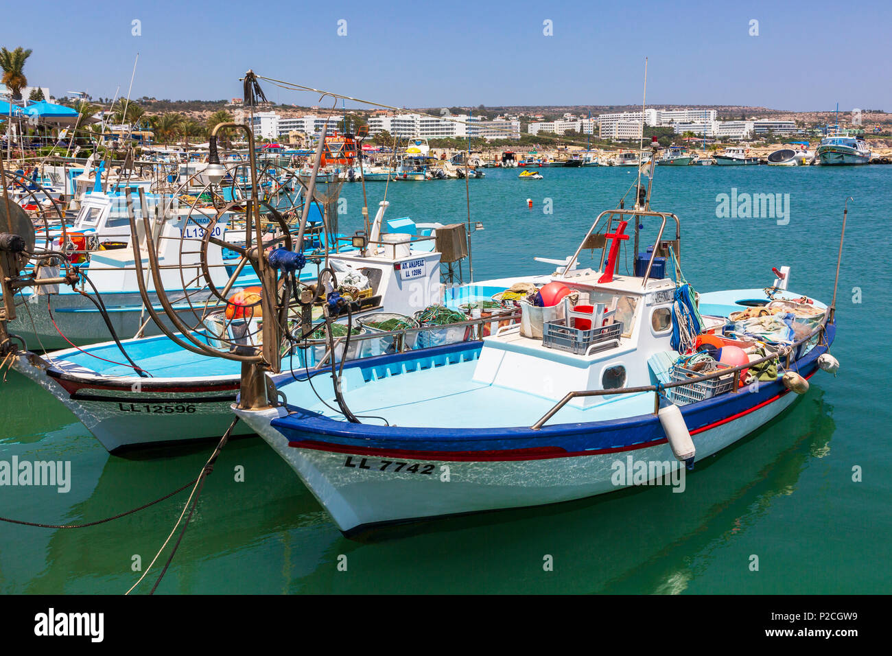 Old fishing harbour, Agia Napa, Cyprus with traditional fishing boats ...