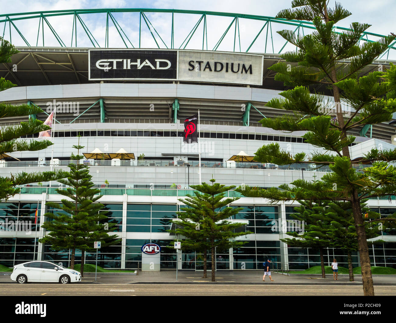 Exterior of Docklands Stadium with signage of current sponsor Etihad ...