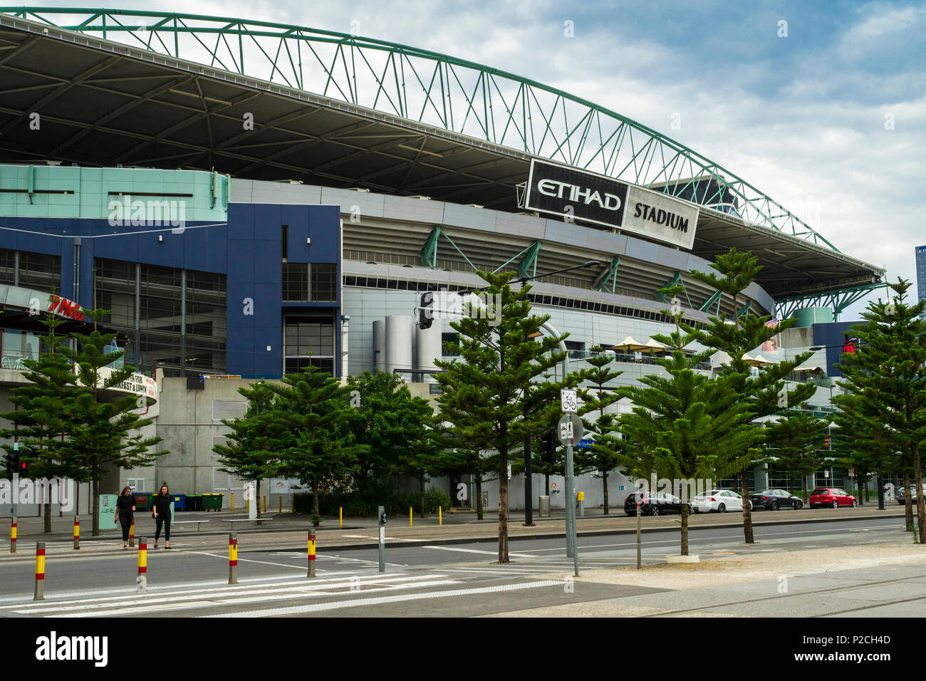 Exterior of Docklands Stadium with signage of current sponsor Etihad ...