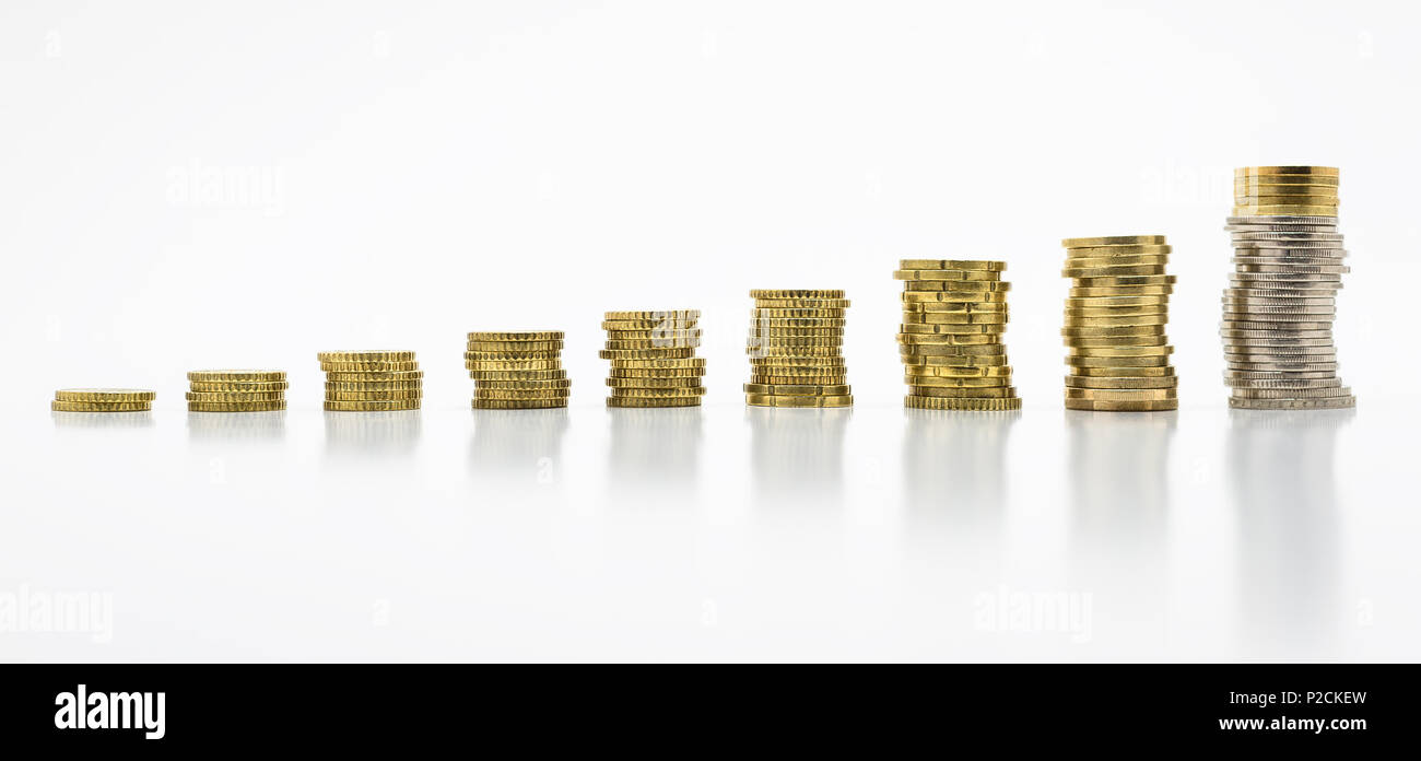 Stack of coins, nine of rows isolated on white background with clipping ...