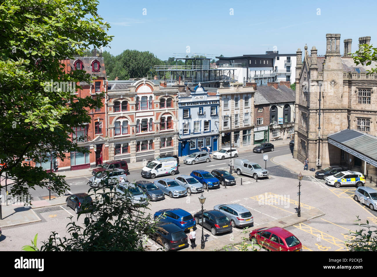Looking down on the car park at Shrewsbury Railway Station in Castle ...
